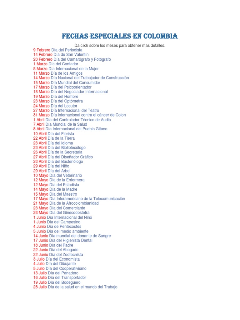 Fechas Especiales en Colombia | PDF | Salud y bienestar | Medicina
