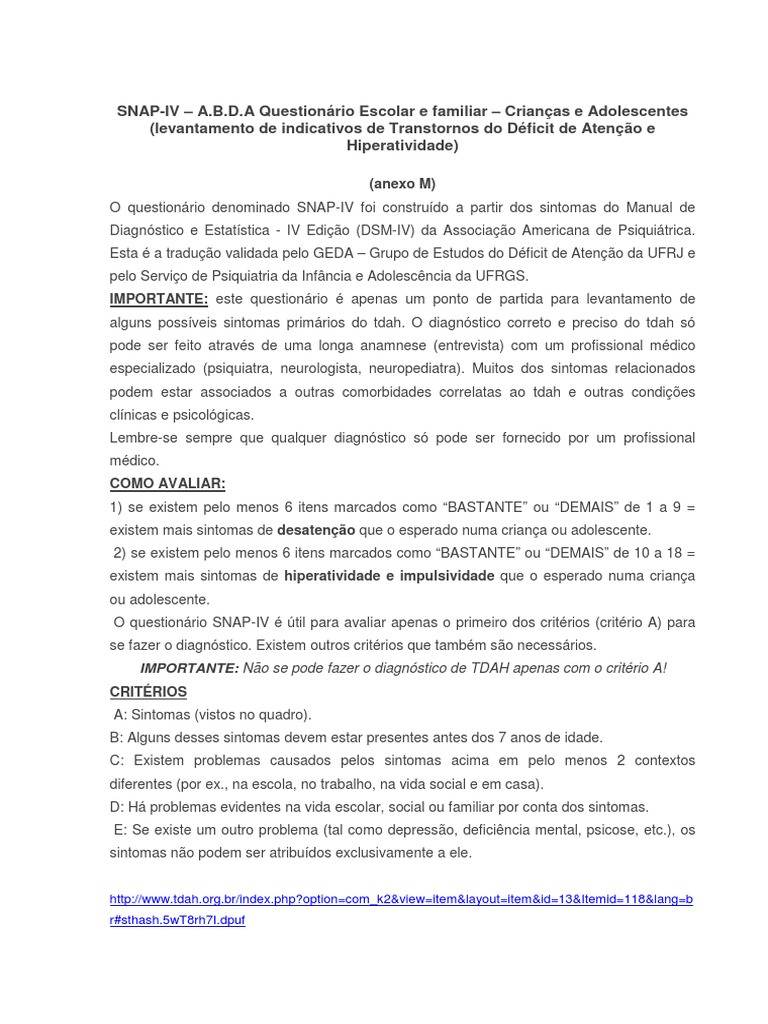 Formulário SNAP-IV PDF | PDF