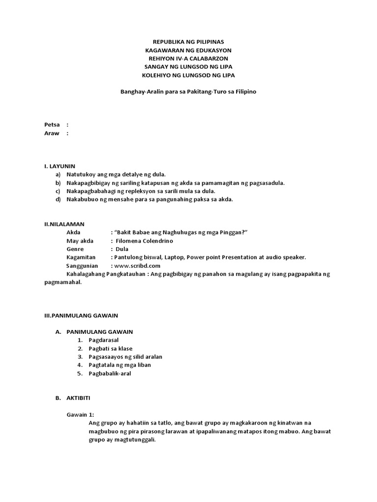 SDLP Bakit Babae Ang Naghuhugas NG Mga Pinggan Lesson Plan | PDF