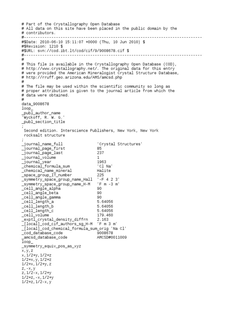 NaCl Halite - Cif | PDF | Data | Mineralogy