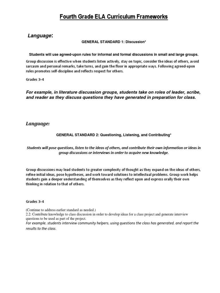 Fourth Grade ELA Curriculum Frameworks: Language | Download Free PDF ...
