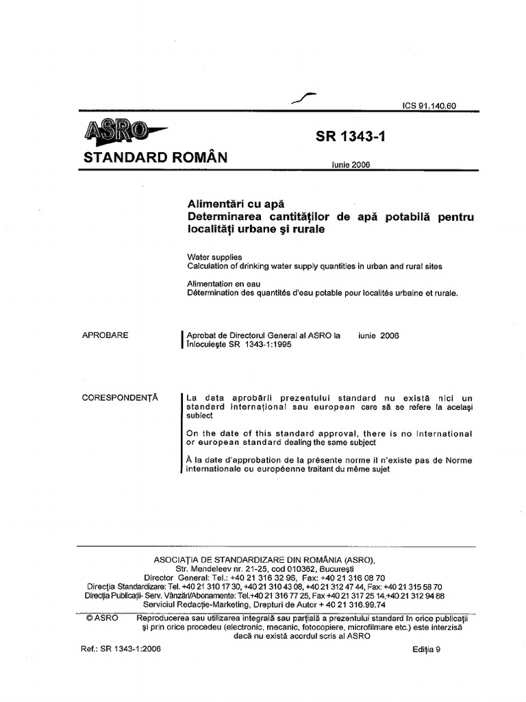 SR 1343-1-2006 Determinarea Cantitatilor de Apa Potabila | PDF