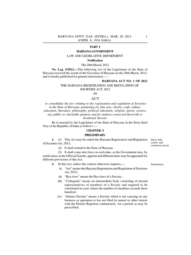 The Societies Registration Haryana Amendment Act 2012 PDF | PDF