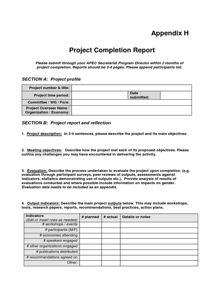 Appendix H Project Completion Report: SECTION A: Project Profile | PDF | Evaluation | Budget