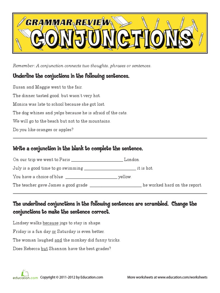 Conjunctions Worksheet for Grade 2 | PDF