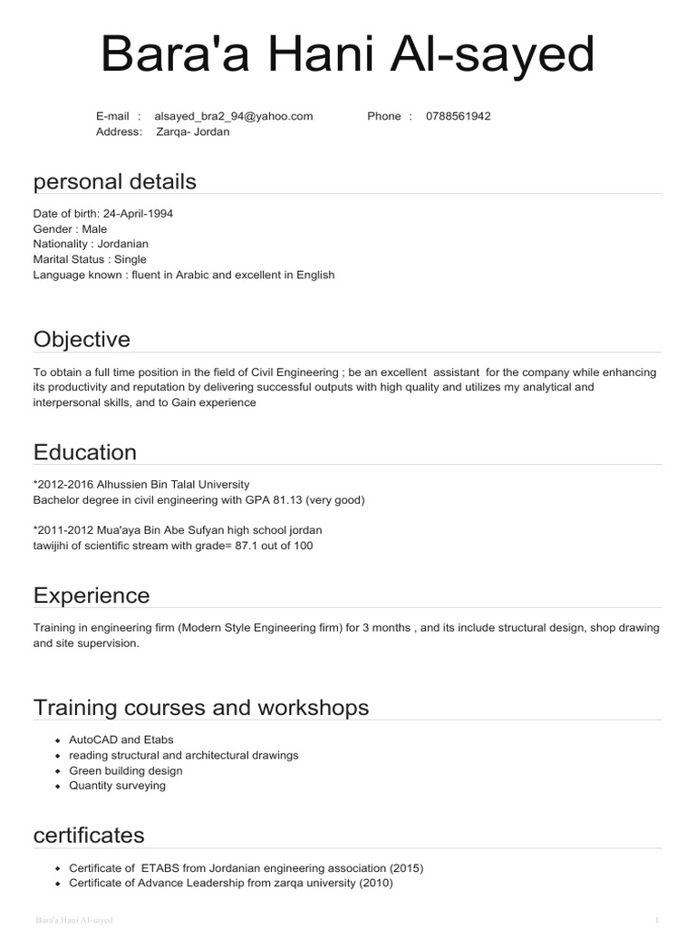 Bara'a Hani Al-Sayed: Personal Details | PDF