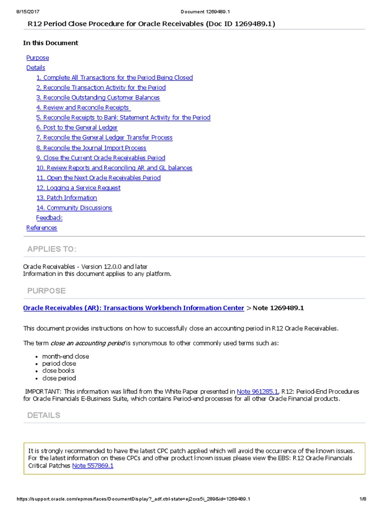 Period Close Procedure For Accounts Receivables Oracle R12 | PDF | Debits And Credits | Receipt