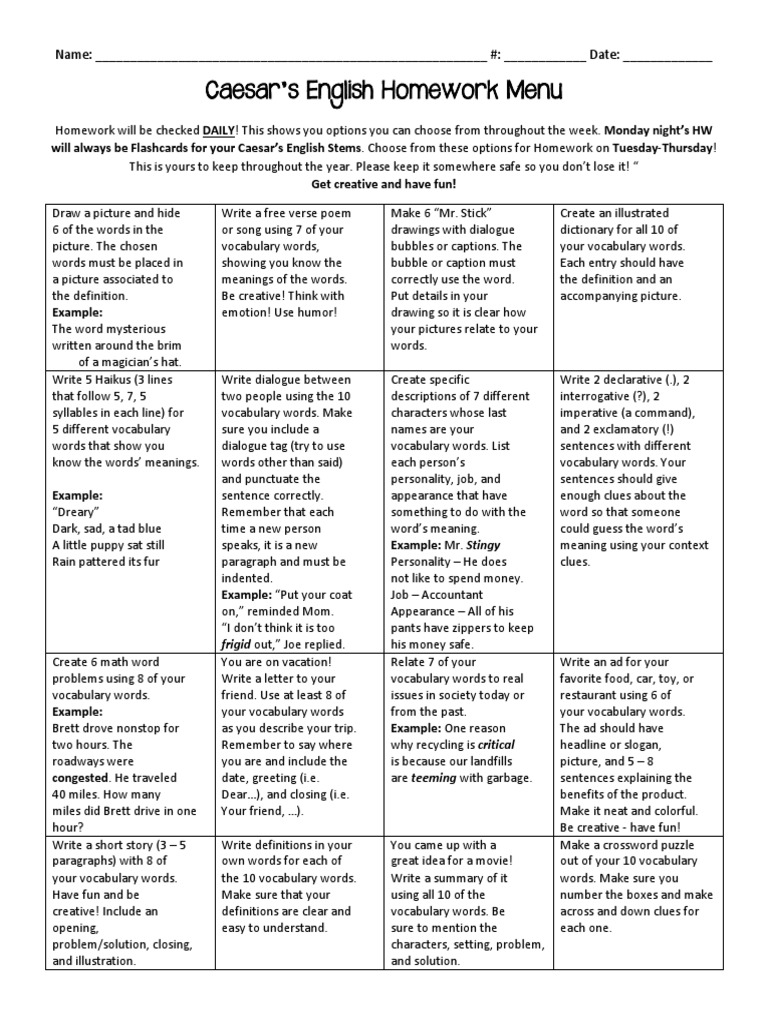 Caesars English HW Menu | PDF | Vocabulary
