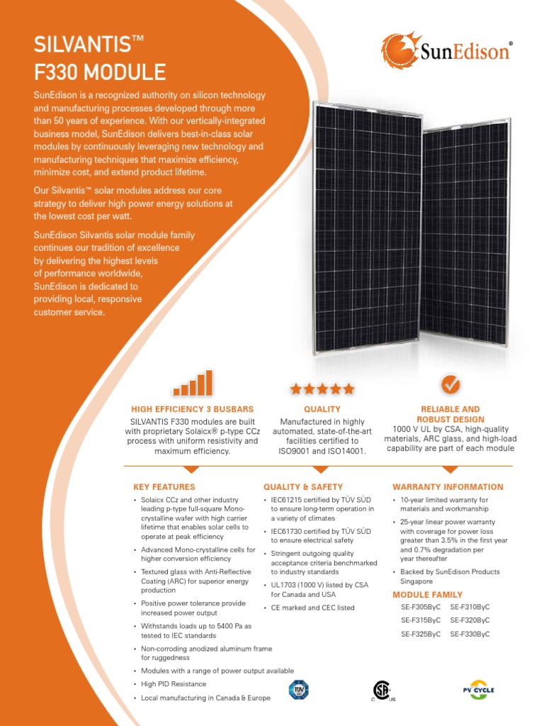 Datasheet Sunedison 330W PDF | PDF | Solar Panel | Solar Cell