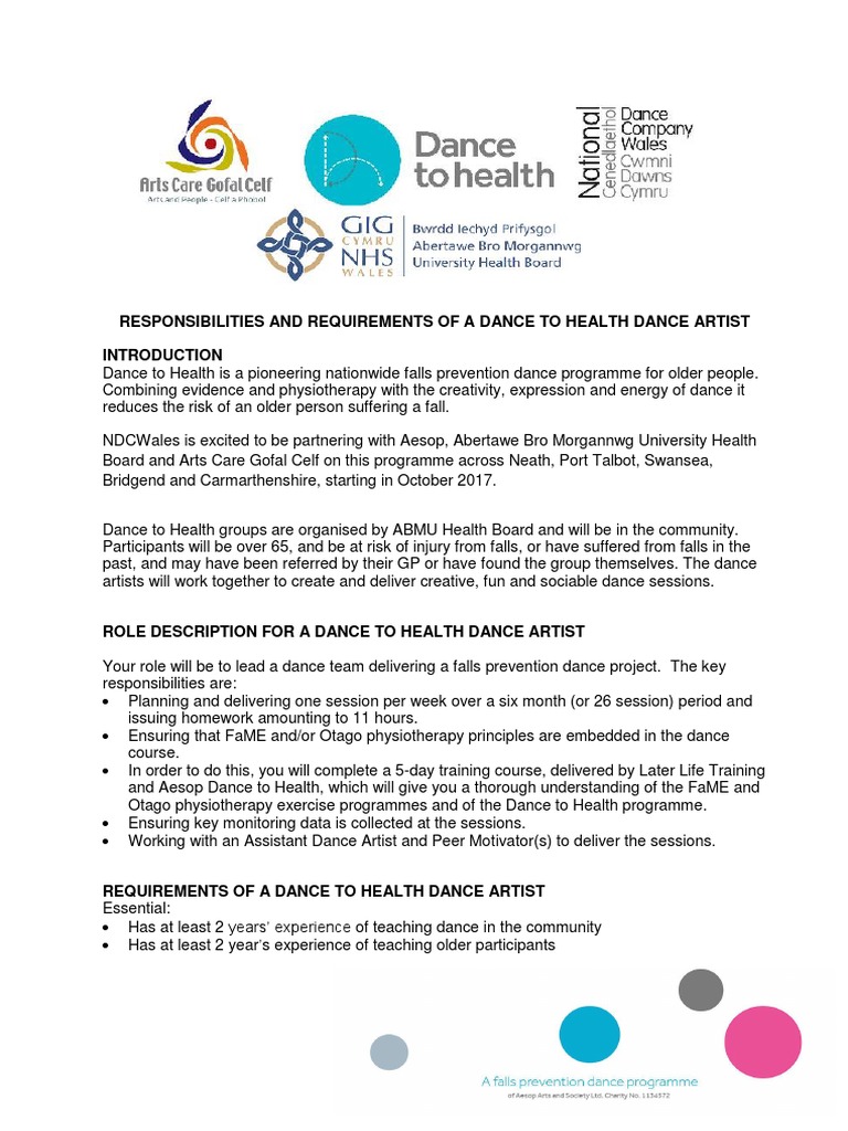 Responsibilities and Requirements of A Dance To Health Dance Artist ...