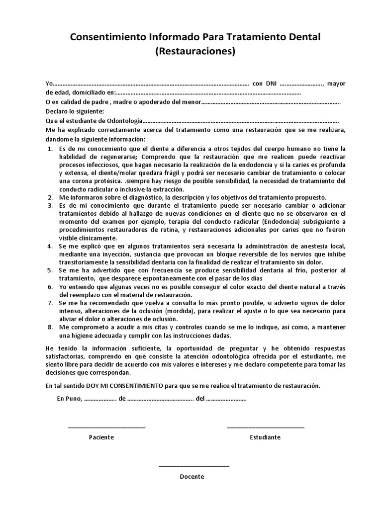 CONSENTIMIENTO INFORMADO | Odontología | Enfermedades y trastornos