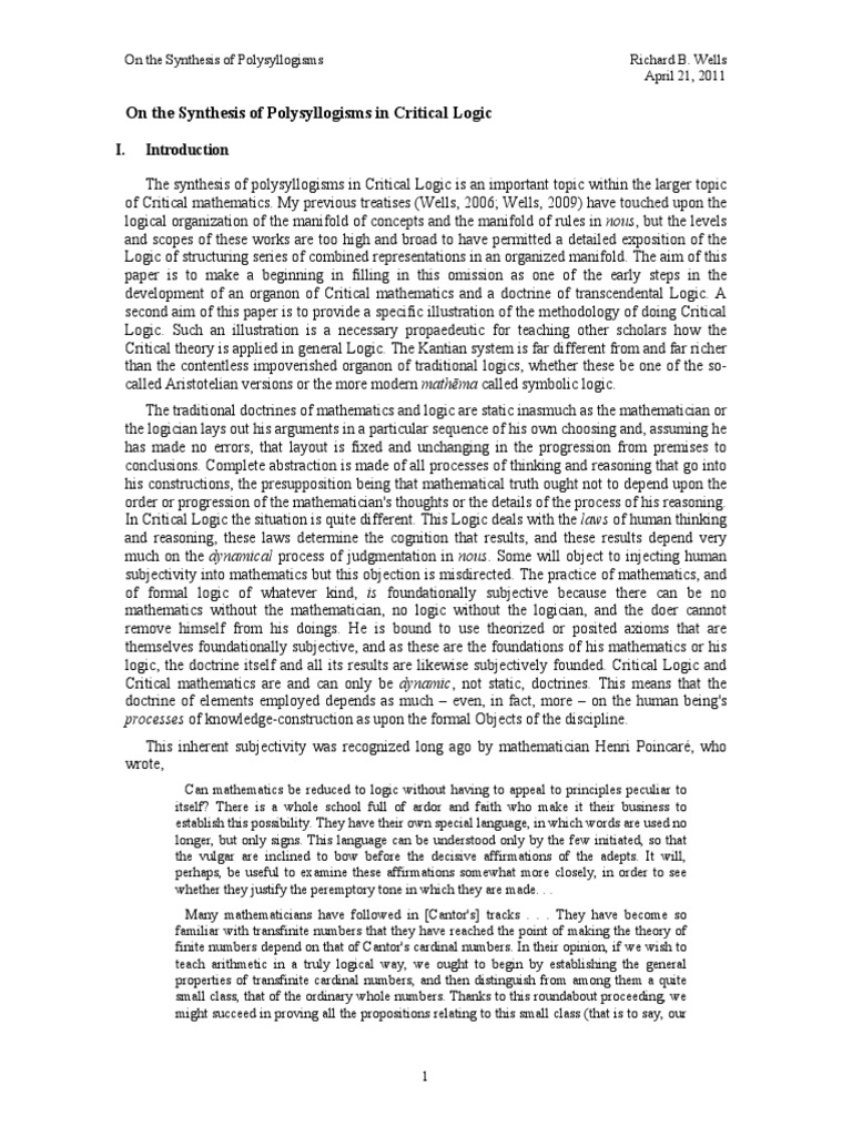 On The Synthesis of Polysyllogisms in Critical Logic | PDF | Logic | Reason