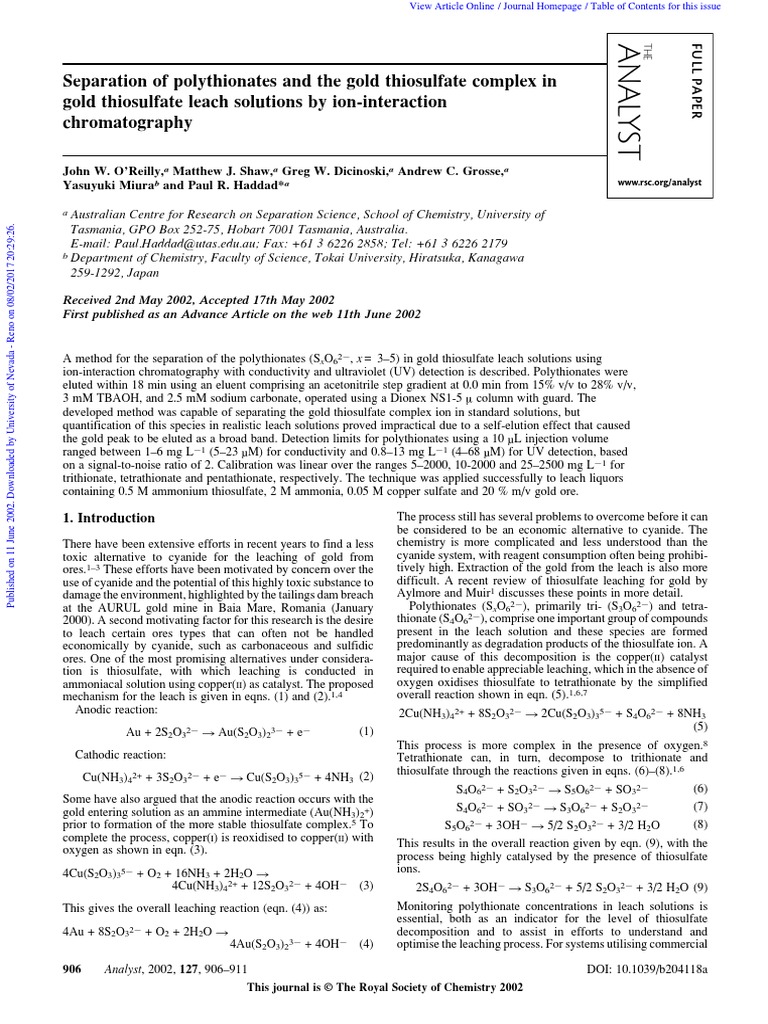 Separation of Polythionates and The Gold Thiosulfate Complex in Gold ...