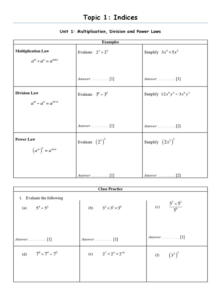 Topic 1: Indices: Unit 1: Multiplication, Division and Power Laws ...