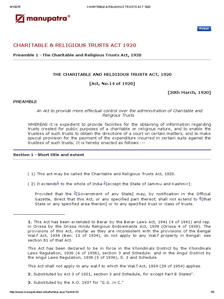 Charitable & Religious Trusts Act 1920 PDF | PDF | Trust Law | Trustee