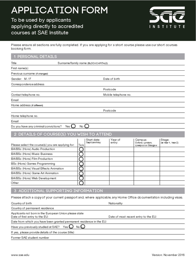 SAE Application Form | PDF | Tuition Payments | Disability