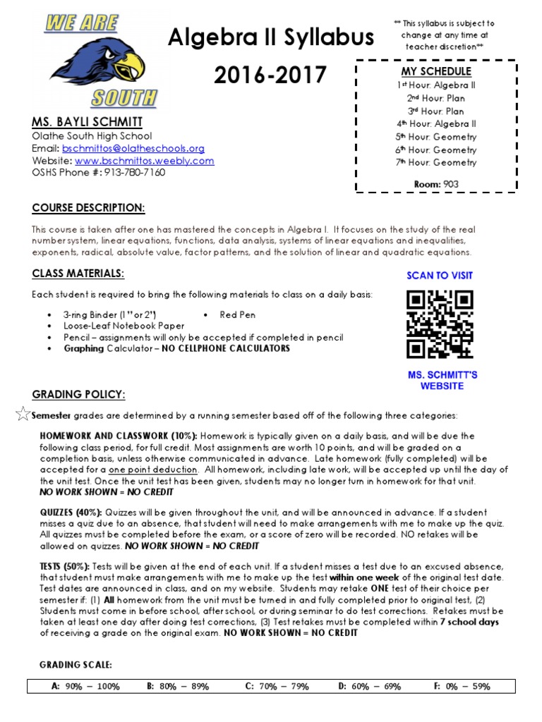 Algebra II Syllabus | PDF | Online And Offline | Textbook