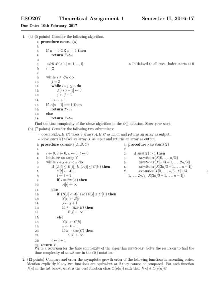 ESO207 Theoretical Assignment 1 Semester II, 2016-17 | PDF | Computer Science | Teaching Mathematics