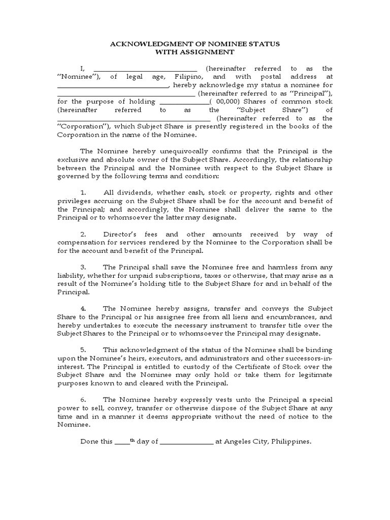 Acknowledgment of Nominee Status - Template - 01-21-16 | PDF ...