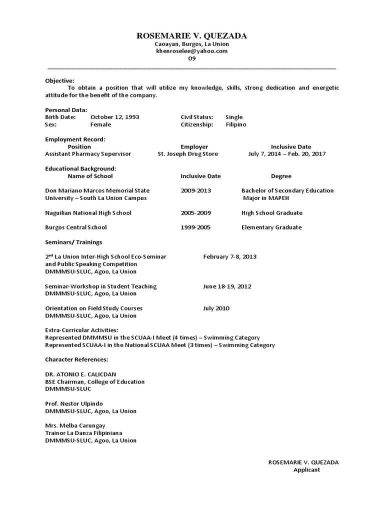 Rosemarie V. Quezada: Objective | PDF