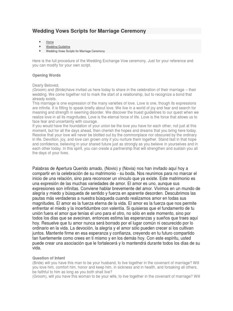 Wedding Vows Scripts For Marriage Ceremony | PDF | Rites Of Passage ...