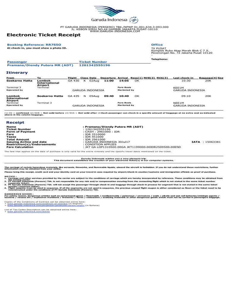 Garuda Indonesia E-Ticket Details | PDF | Dangerous Goods | Aviation