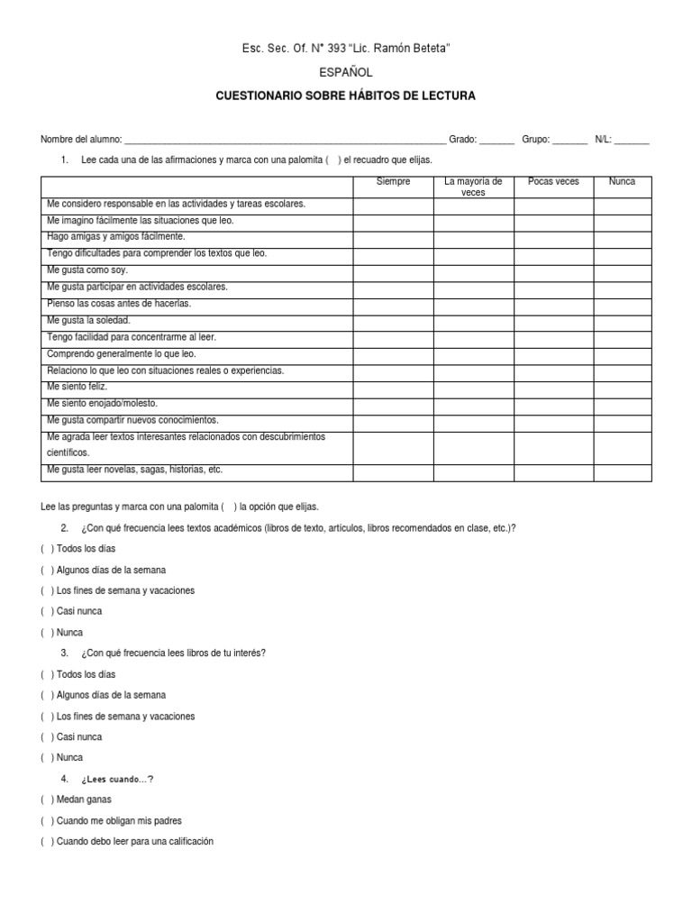 Cuestionario Sobre Hábitos de Lectura | PDF | Lectura (proceso ...