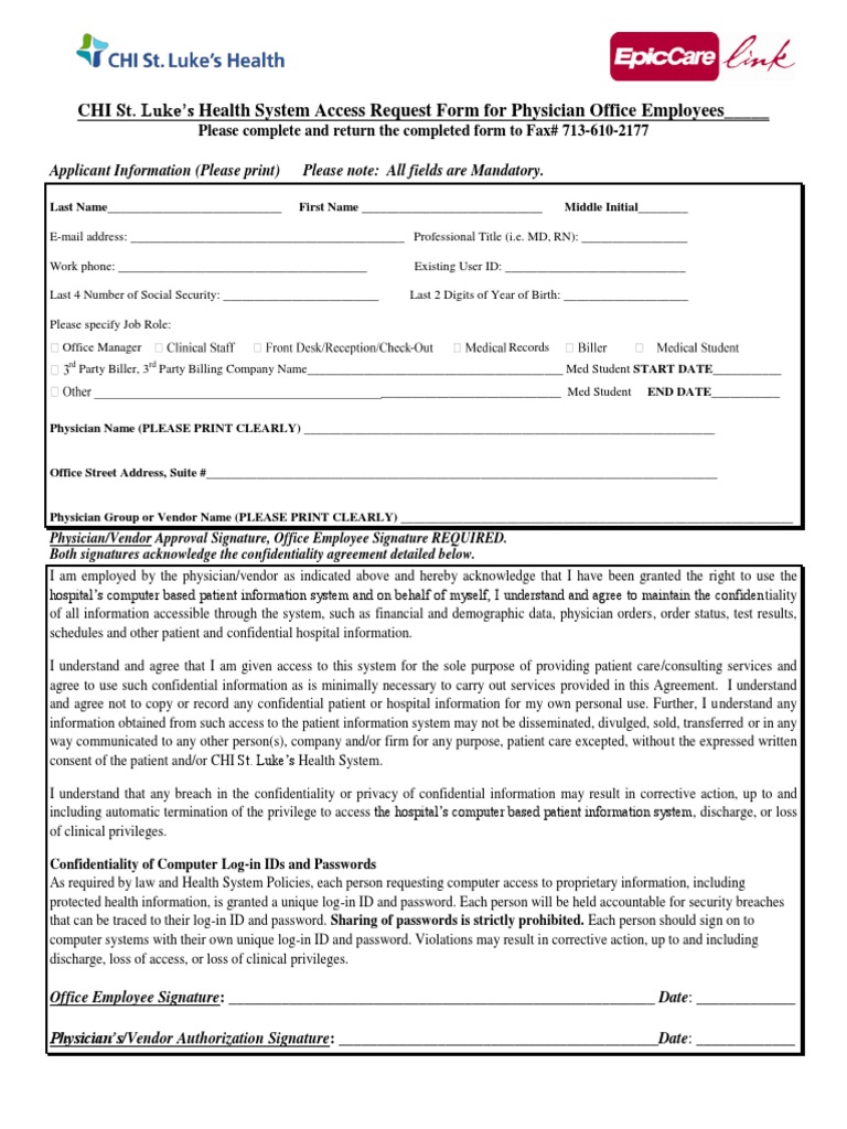 EpicCare Link User Access Form 5-12-14 | PDF | Confidentiality | Patient