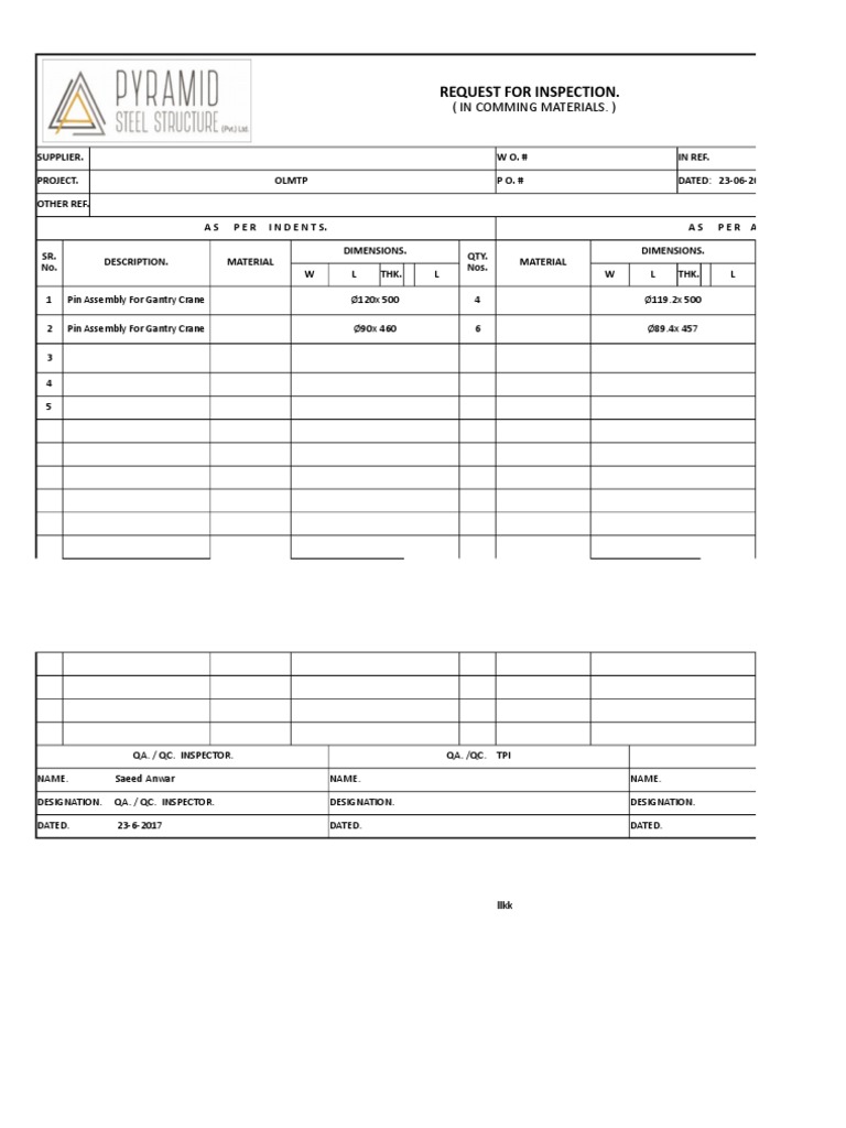 Incoming Material Inspection | Construction Equipment
