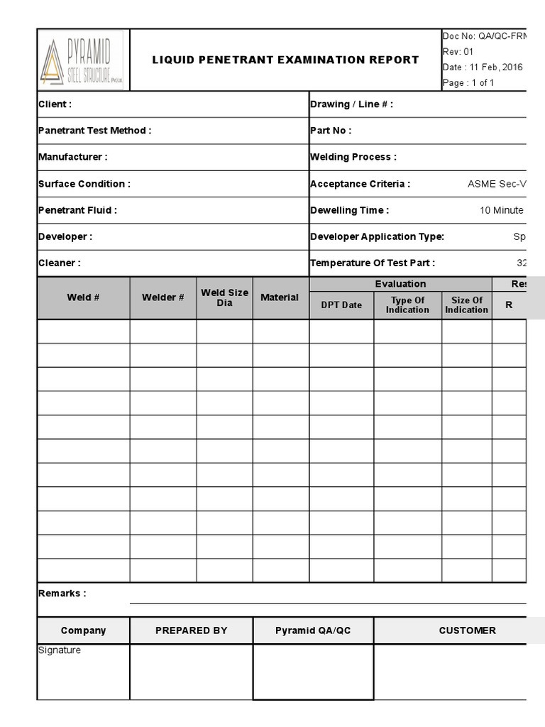 Liquid Penetrant Examination Report: Asme Sec-Viii 10 Minute Spray 32 C ...