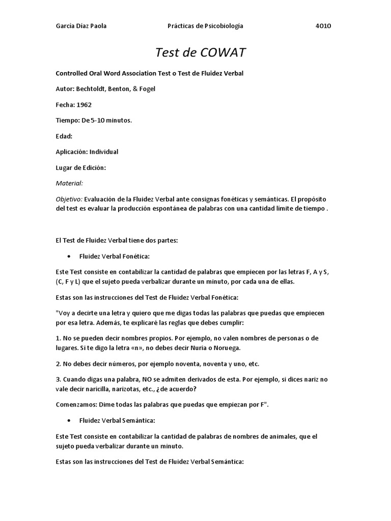 COWAT | PDF | Cognición | Ciencia cognitiva
