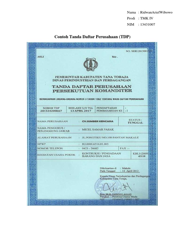 Contoh Tanda Daftar Perusahaan (TDP) : Nama: Ridwanariefwibowo Prodi ...