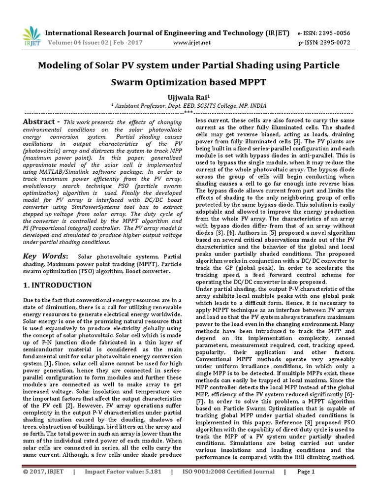 Modeling Of Solar Pv System Under Partial Shading Using Particle Swarm Optimization Based Mppt