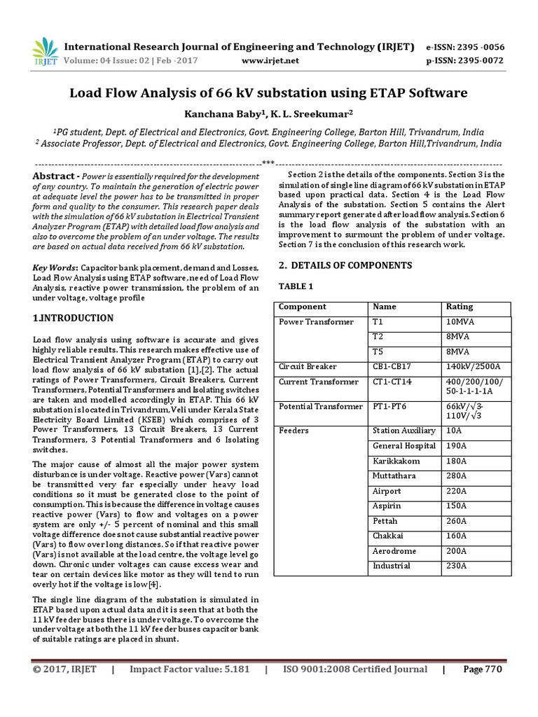 Load Flow Analysis of 66 KV Substation Using ETAP Software | PDF ...