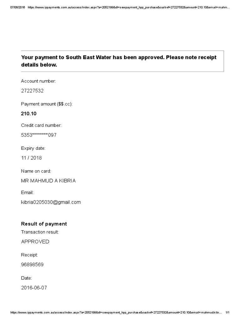 South East Water | Receipt | Payments | Free 30-day Trial | Scribd