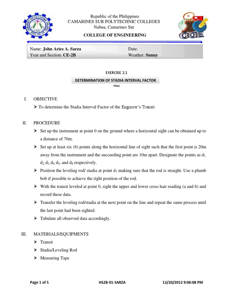 College Of Engineering Determination Of Stadia Interval Factor Pdf