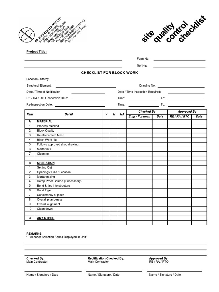 Block Work Inspection Checklist | PDF | Building Engineering | Building