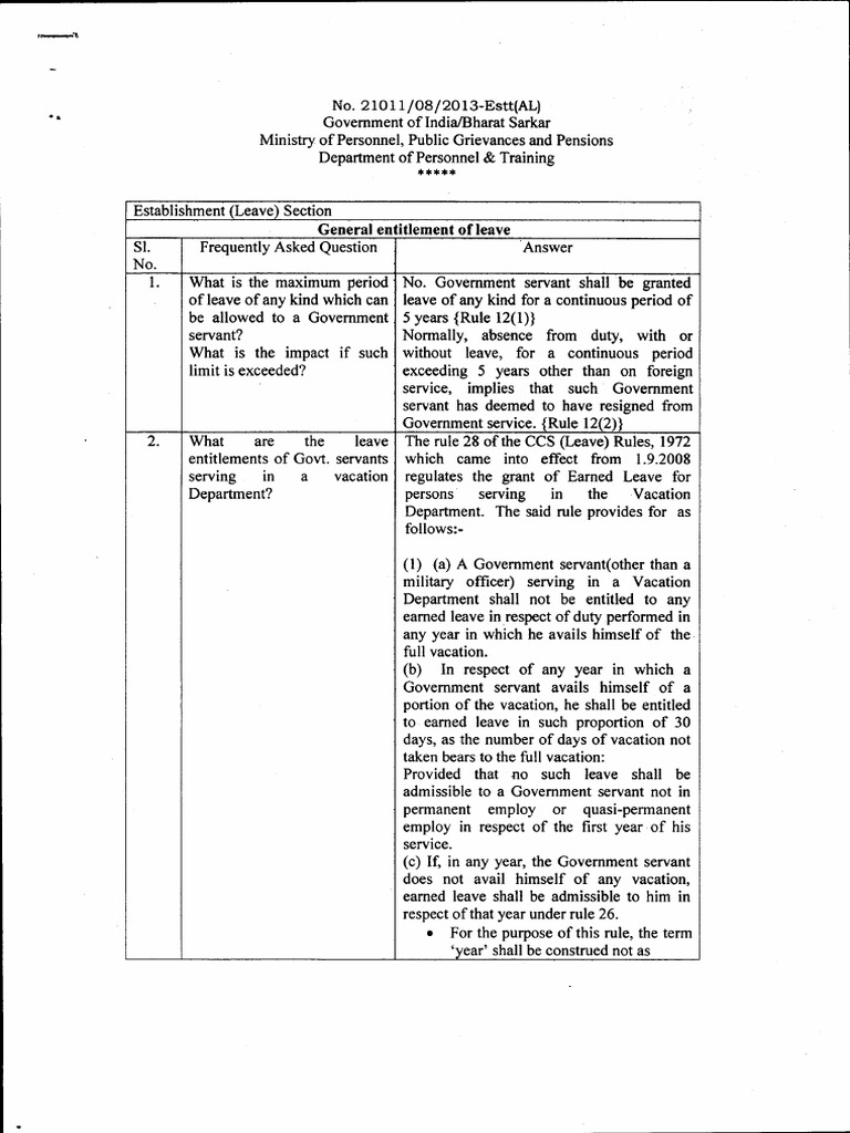 Guidelines on Leave Entitlement and Encashment for Central Government ...