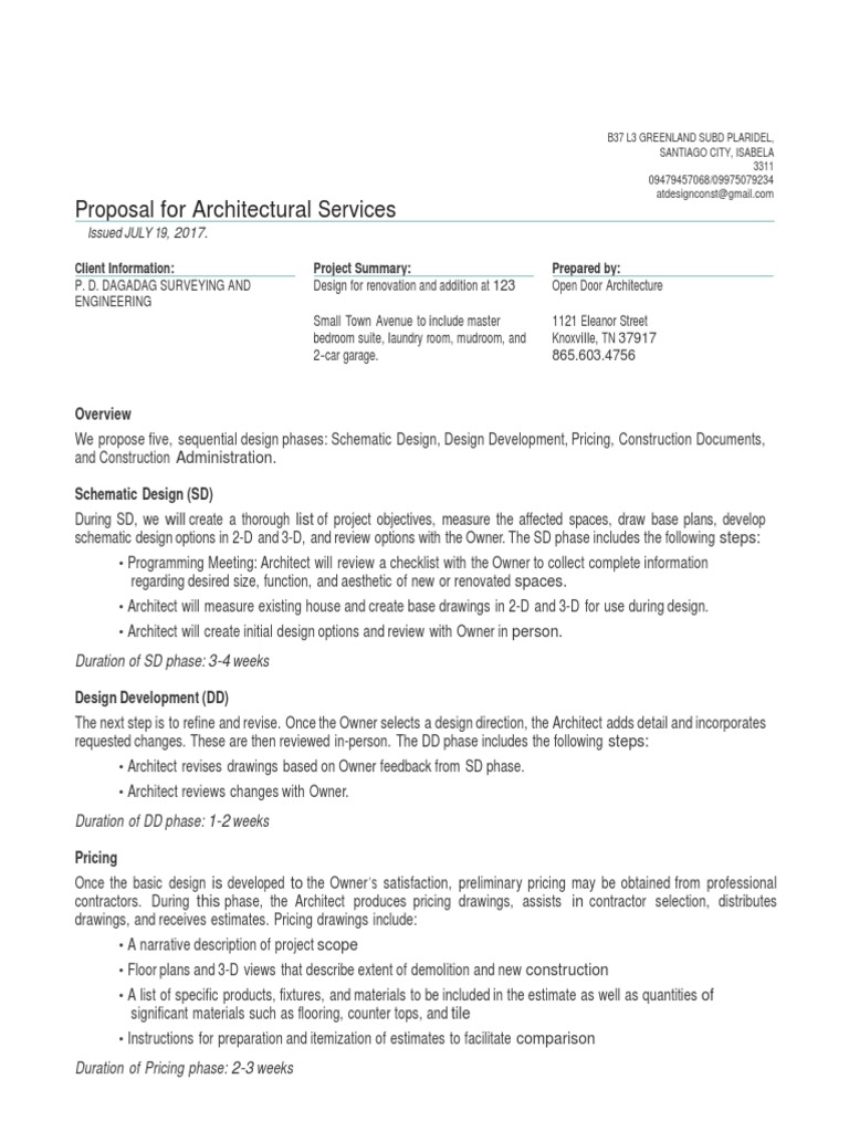 Sample Proposal and Contract | PDF | Architect | Fee