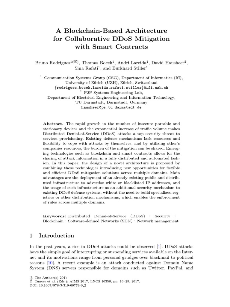 A Blockchain Based Architecture For Collaborative Ddos Mitigation With Smart Contracts Pdf
