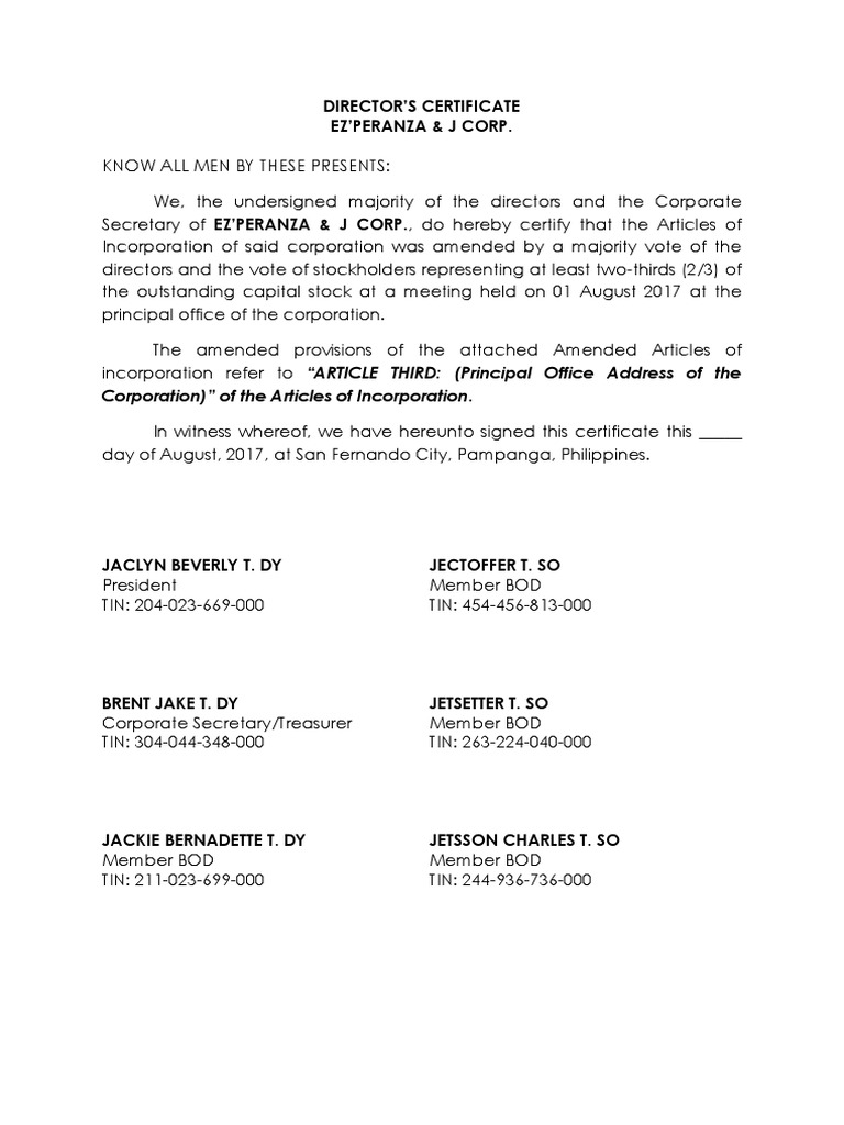 02 Draft Director's Certificate - Ez Aug 2017 | PDF