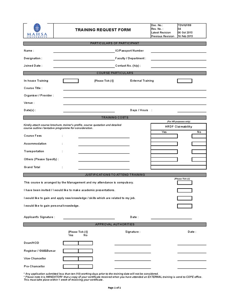 Training Request Form: Particulars of Participant | PDF | Further ...
