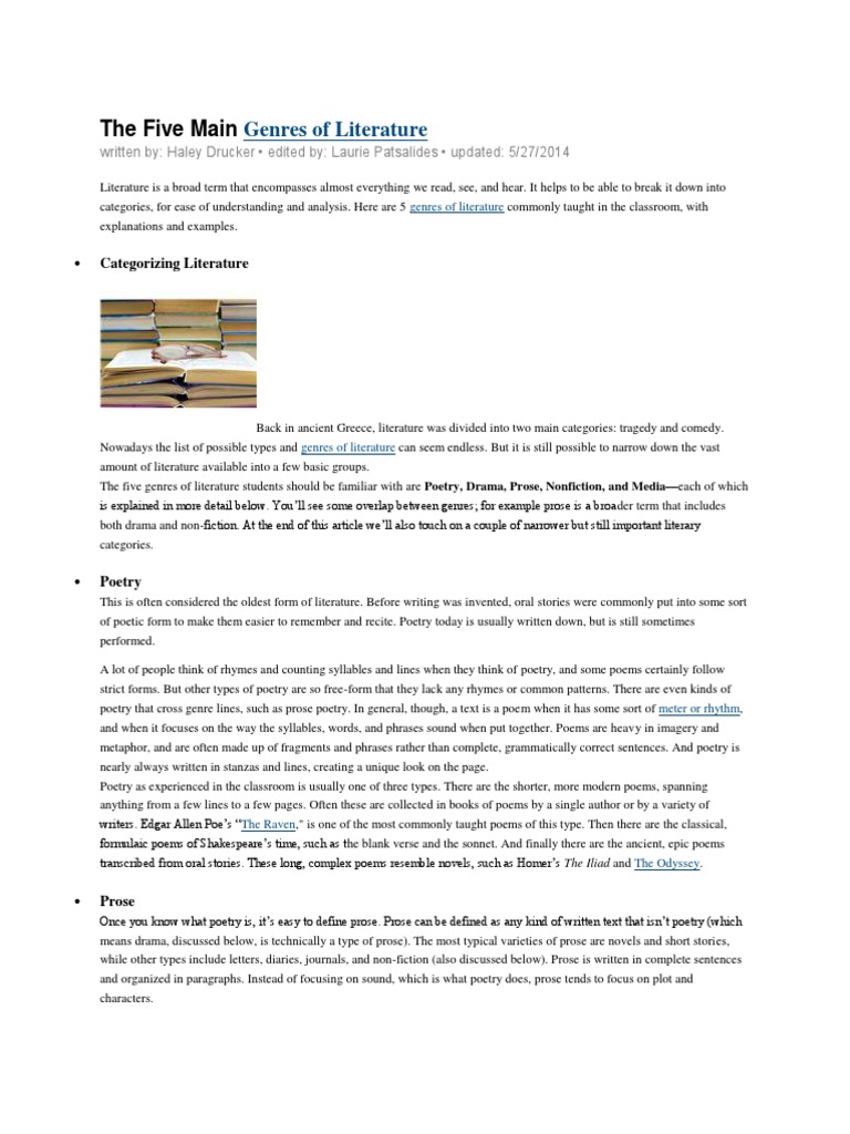 The Five Main Types of Literaturedocx | PDF | Poetry | Genre