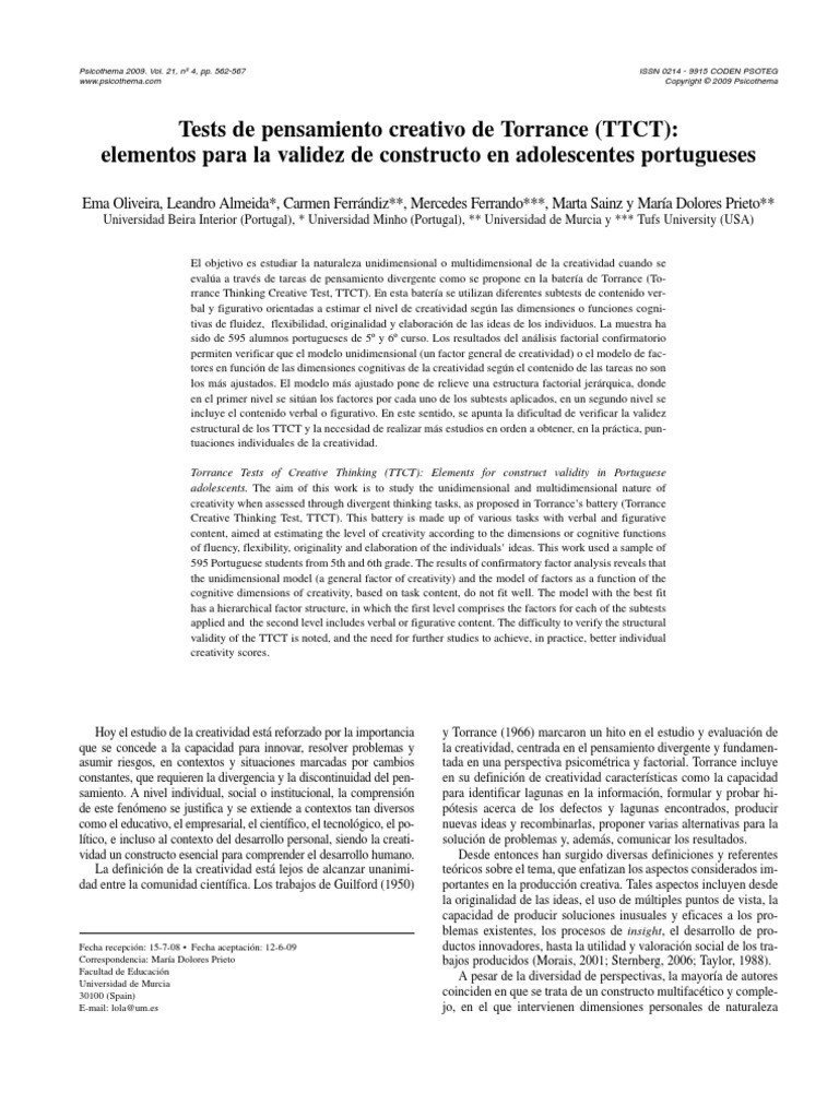 Tests de pensamiento creativo de Torrance (TTCT).pdf | Análisis ...