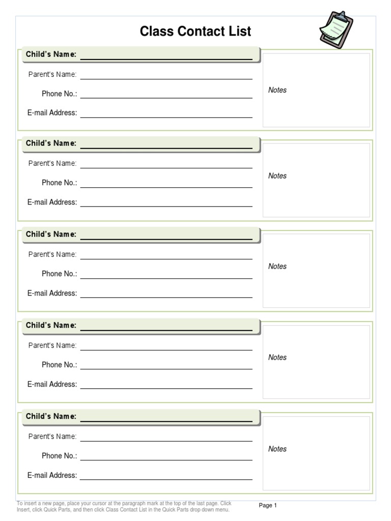 Class Contact List: Child's Name | PDF