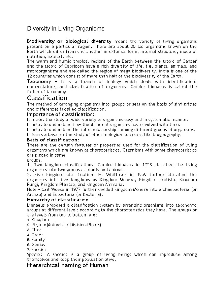 Diversity in Living Organisms | PDF | Plants | Taxonomy (Biology)