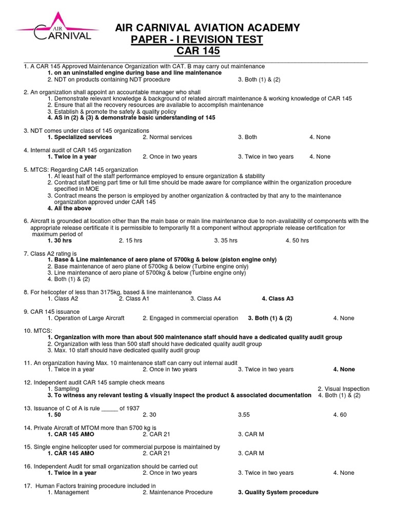 CAR 145 With Answer | PDF | Aviation | Transport