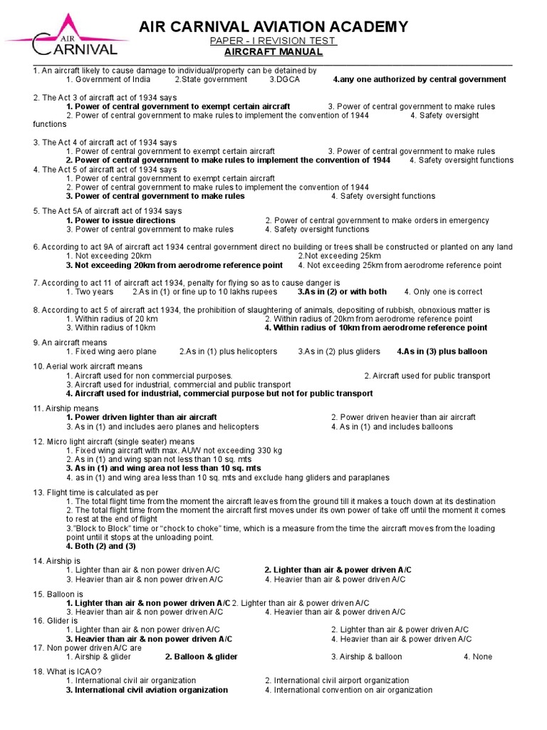 Air Carnival Aviation Academy: Paper - I Revision Test | PDF | Flight ...