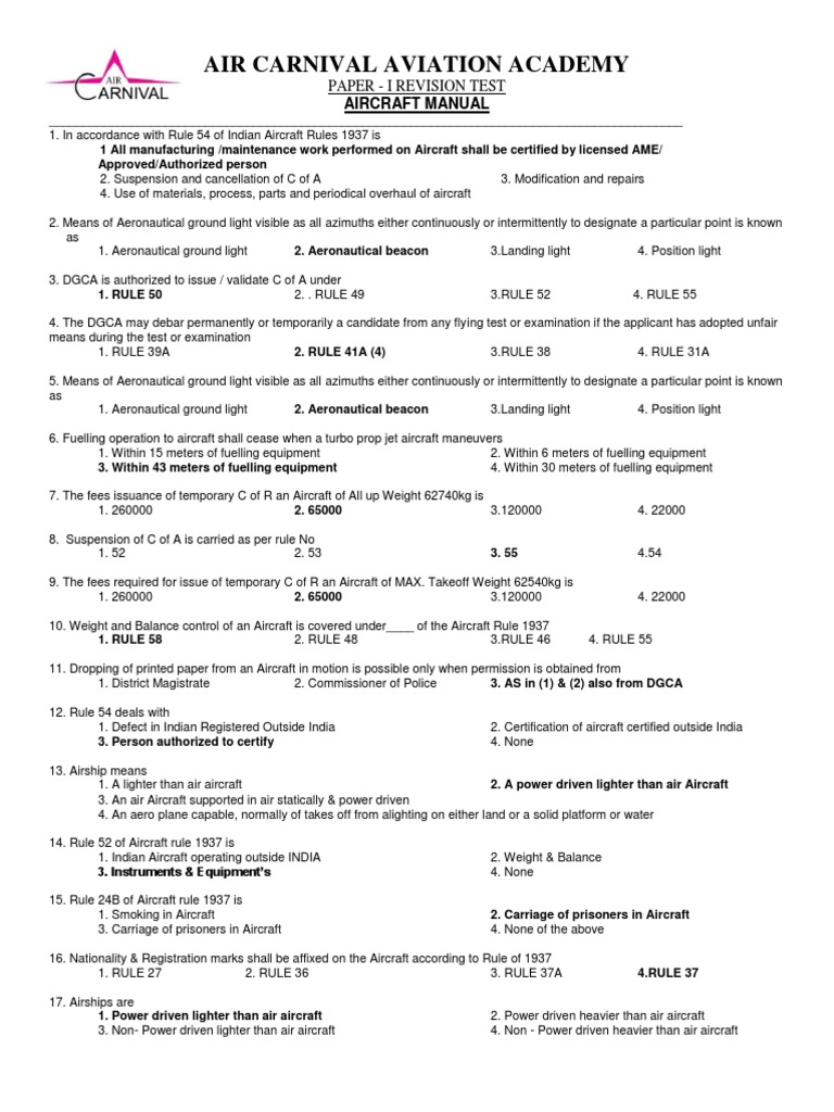 Air Carnival Aviation Academy: Paper - I Revision Test | PDF | Aircraft ...