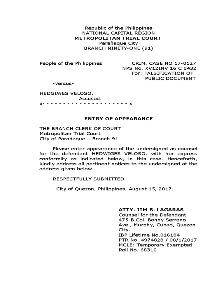 Entry of Appearance | PDF | Judiciaries | Separation Of Powers